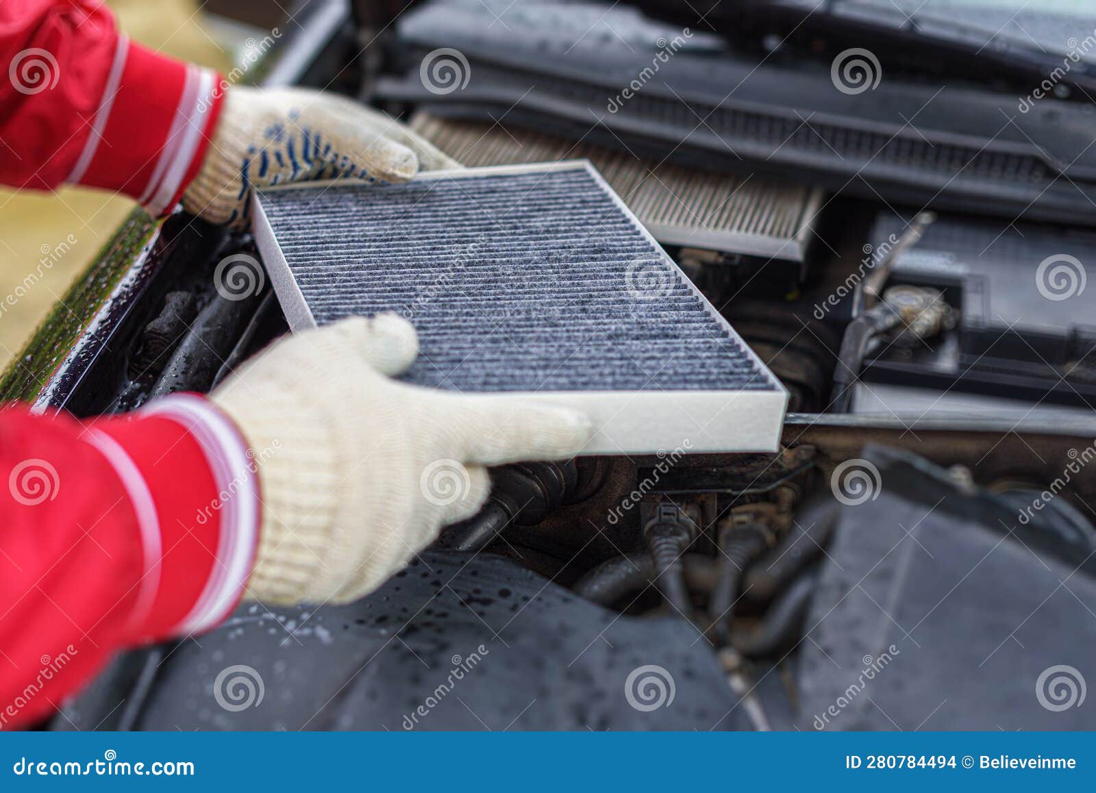 Change the Filter on the Car Engine during Vehicle Maintenance. Stock ...