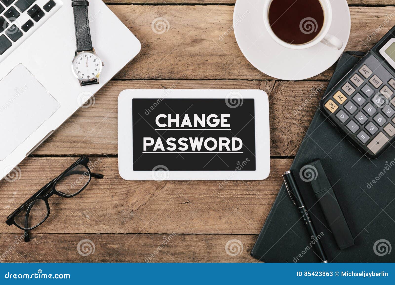 Change Password Text on Tablet Computer on Office Desk Stock Image ...