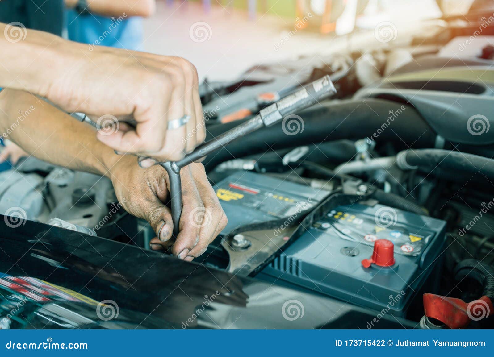 Changing the Car Battery that Does Not Start. Technician Man Using a ...
