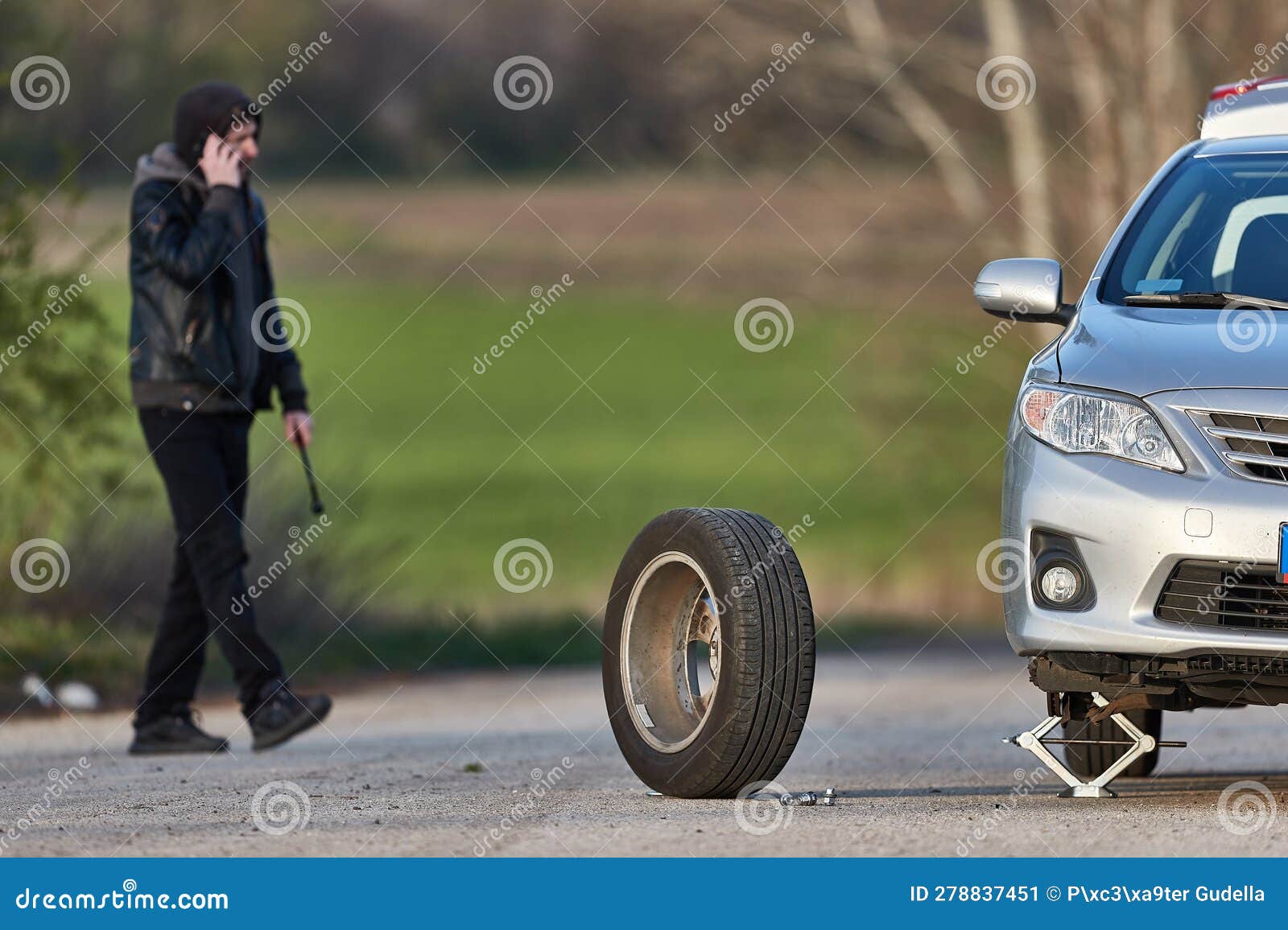 Tire Change Problems on the Road, Phona Call for Help Stock Image ...