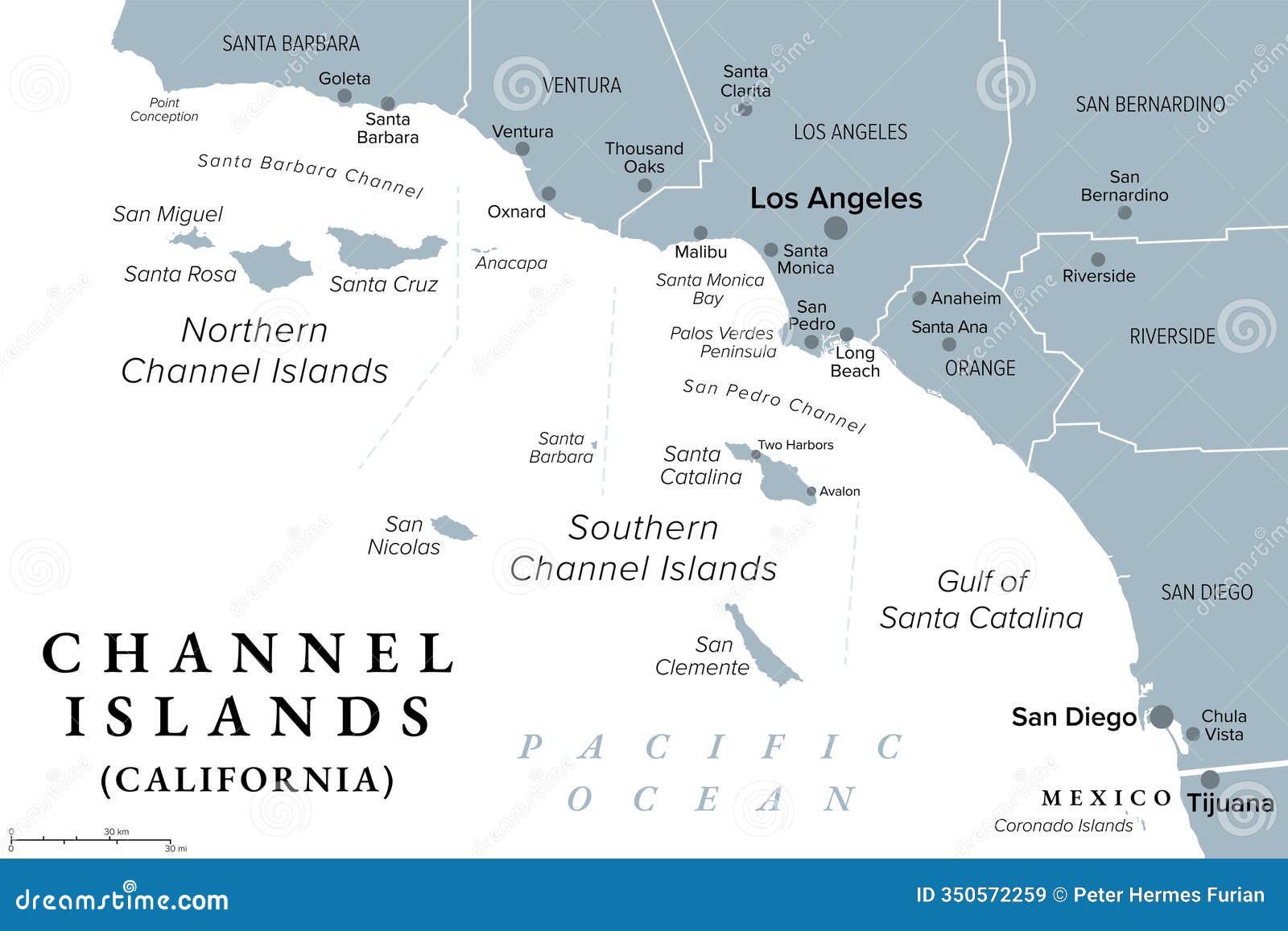 Channel Islands of California, Gray Political Map Stock Illustration ...