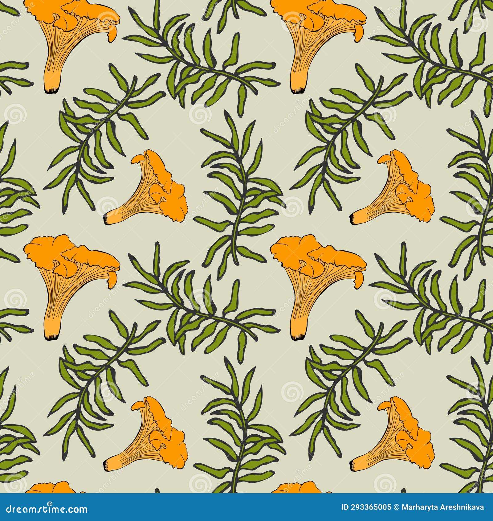 Chanterelle Mushroom and Moss Pattern, Hand Drawn Contour Doodle. Stock ...