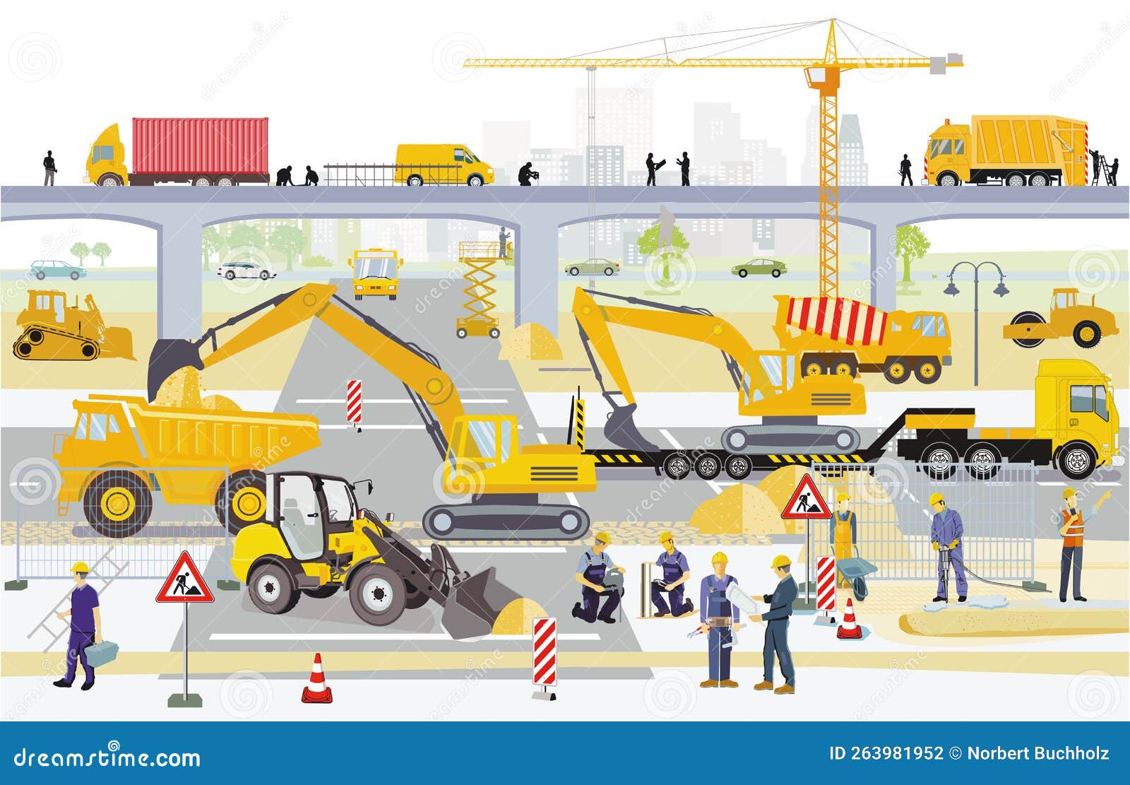 Chantier De Construction De Routes Et De Ponts Avec Illustration Des ...