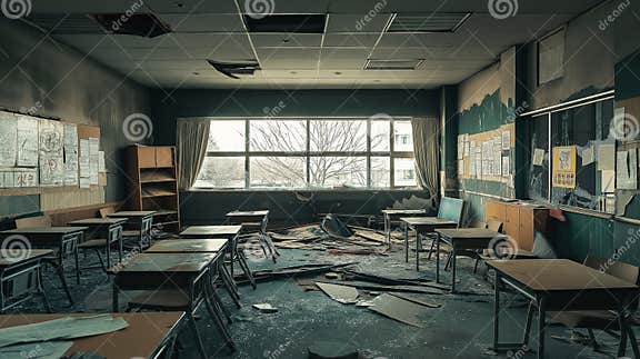 A Chaotic Classroom Environment Featuring Broken Chairs, Disorganized ...