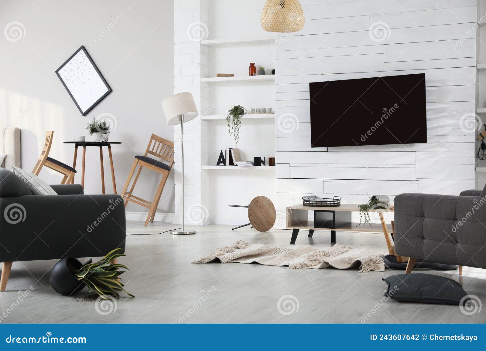 Chaotic Living Room Interior after Strong Earthquake Stock Photo ...