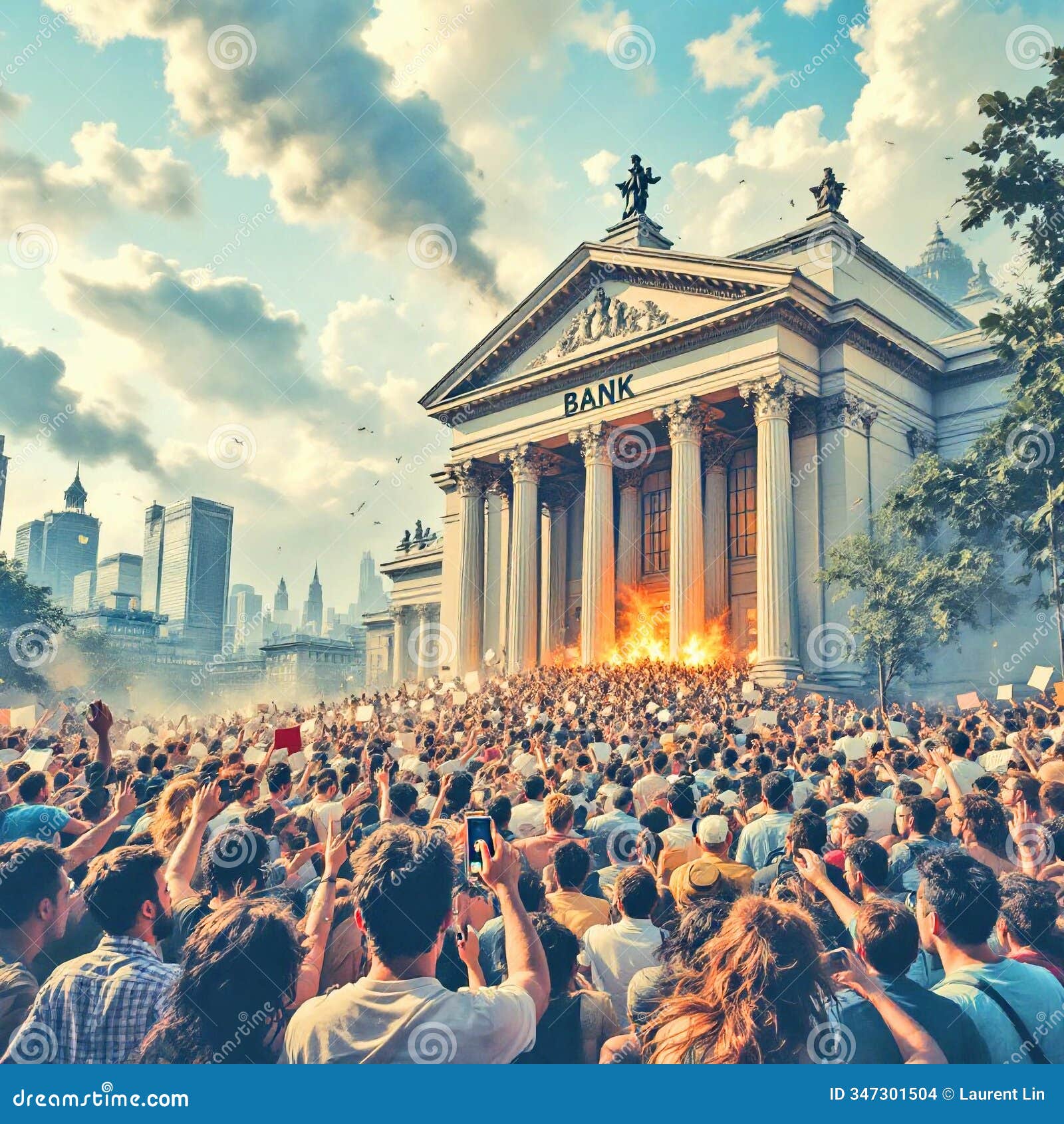 Bank Run Concept with Fire and Crowd – Financial Crisis Illustration ...