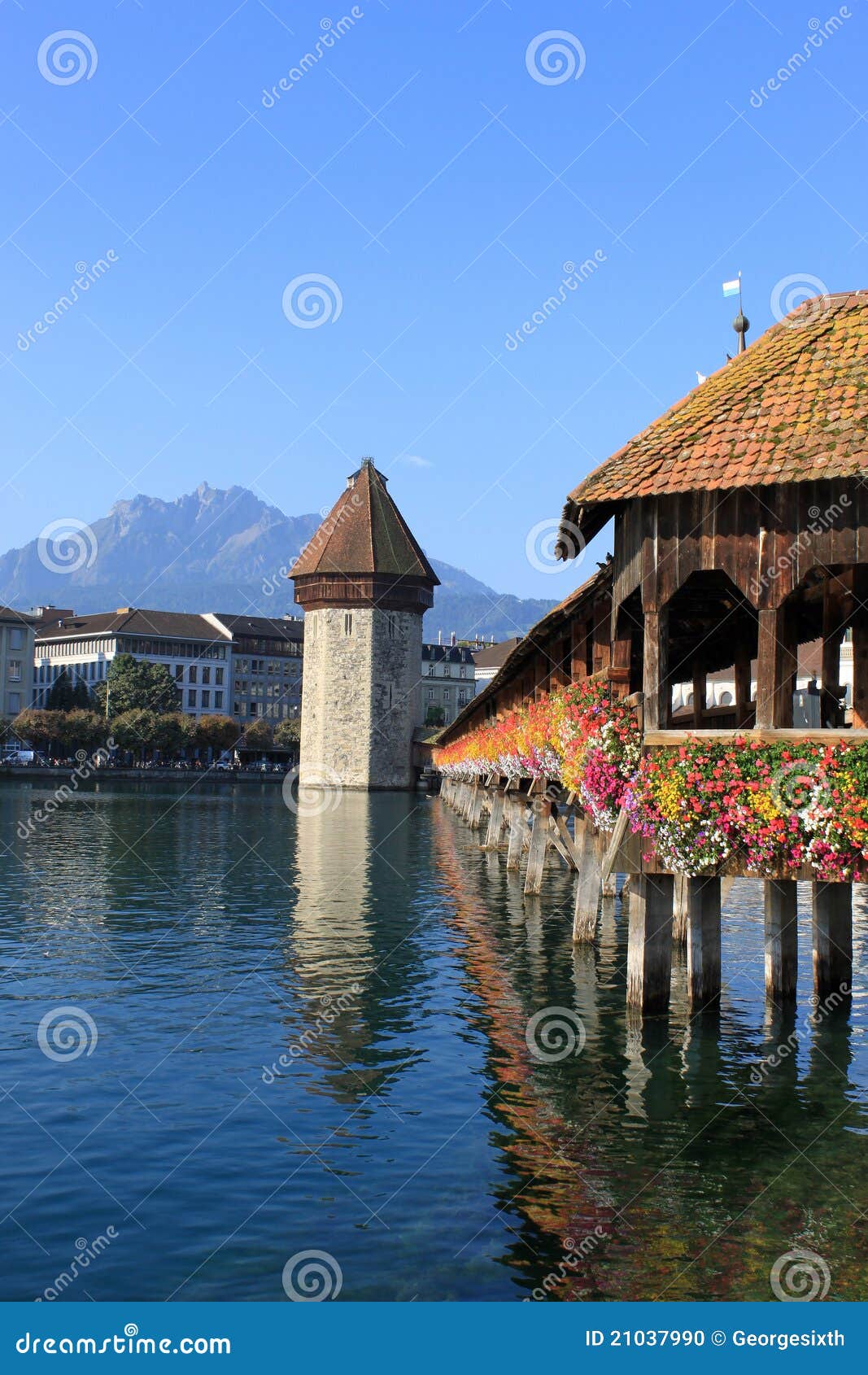 Chapel Bridge, Water Tower and Pilatus, Lucerne Stock Photo - Image of ...