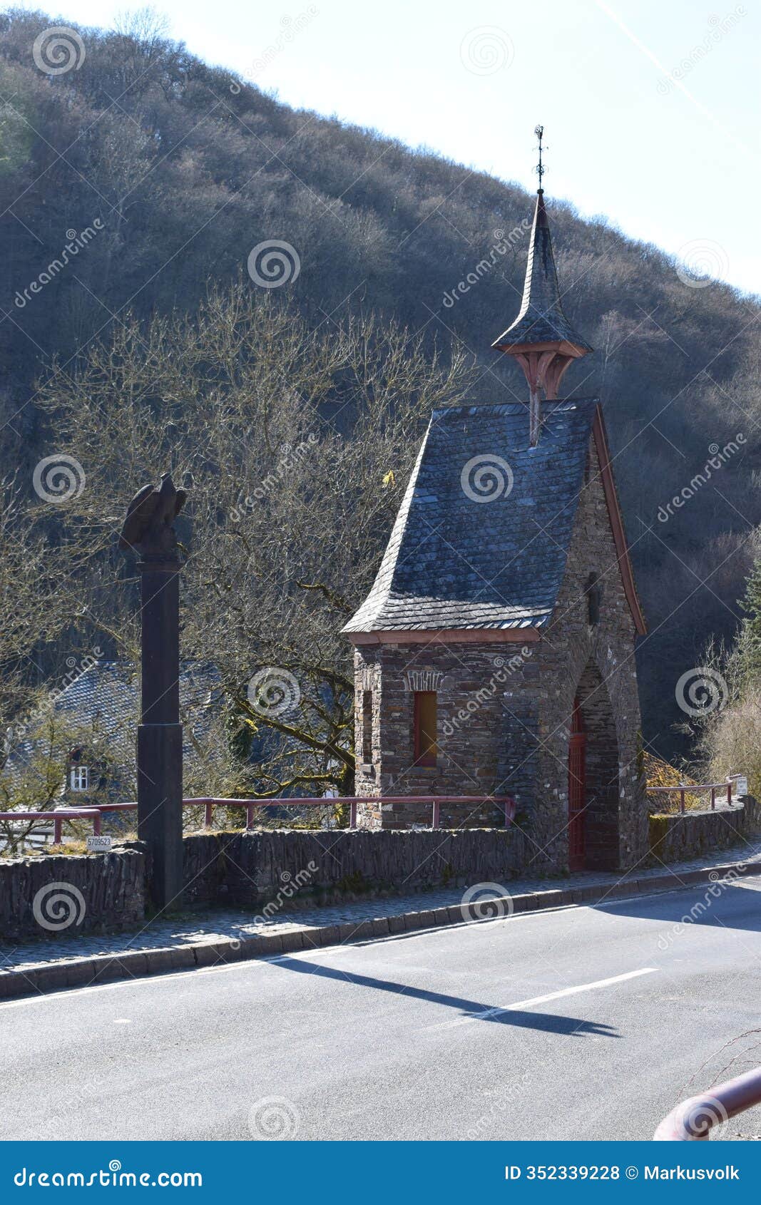 Chapel and Column on an Old Stone Bridge Curve Stock Photo - Image of ...