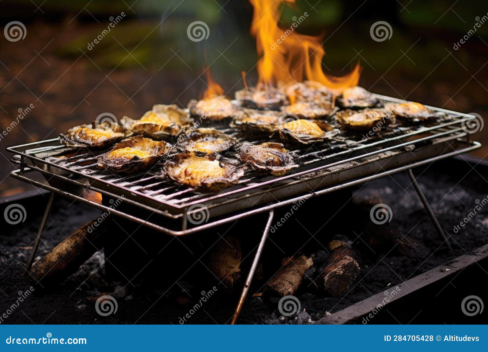 Char-grilled Oyster Feast, Oysters on Grate Over Fire Stock Photo ...