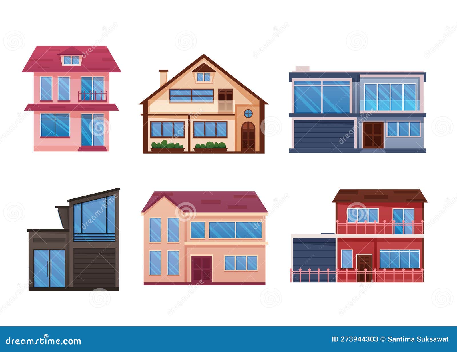 Residential Houses Exterior Flat Style Vector Illustration Stock Vector ...