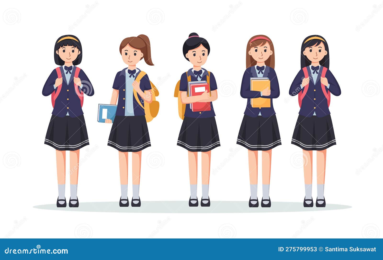 Character Girls High School Student in School Uniform Stock Vector ...