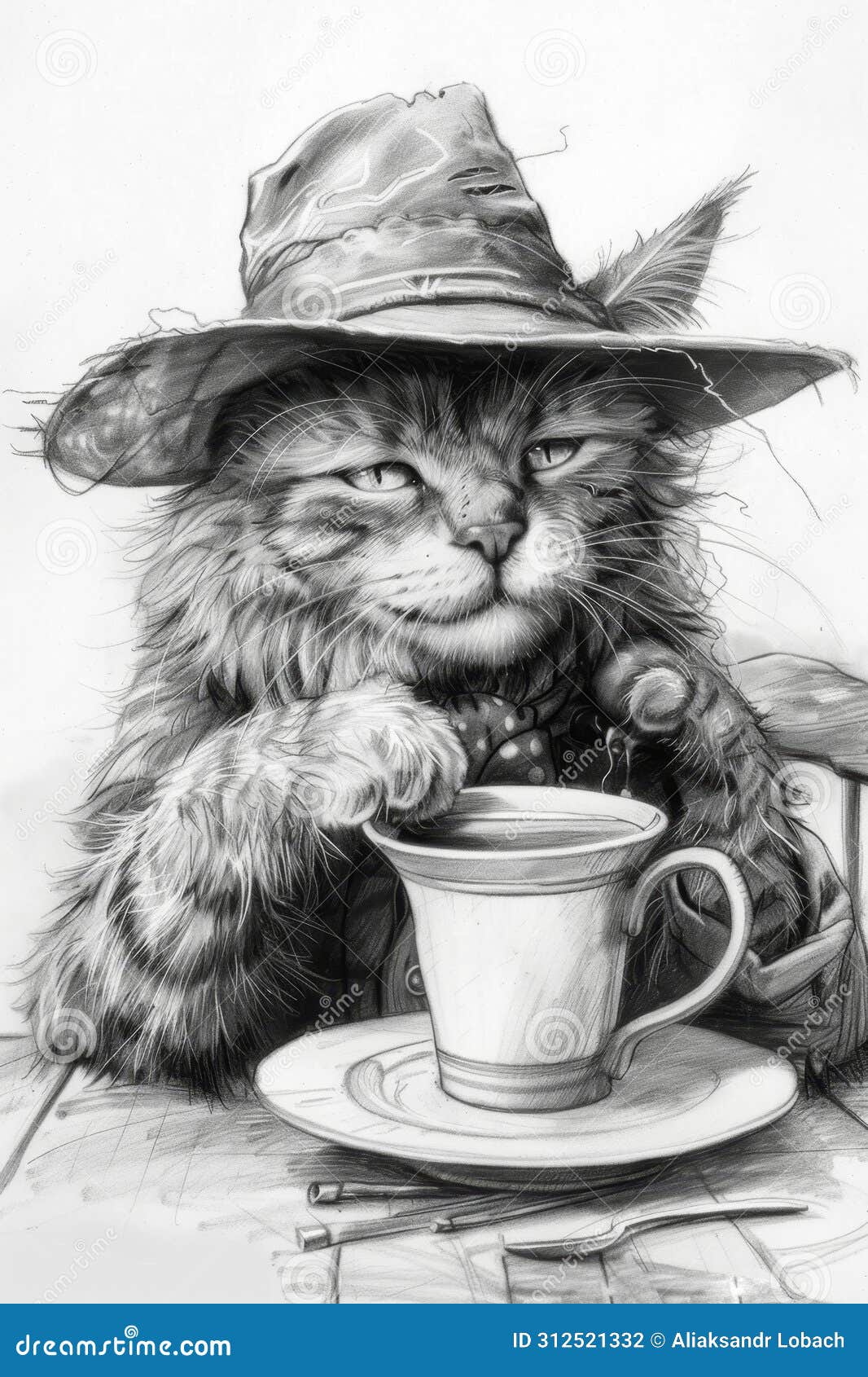 The Character of the Cat is Sitting at a Table with a Glass of Coffee ...