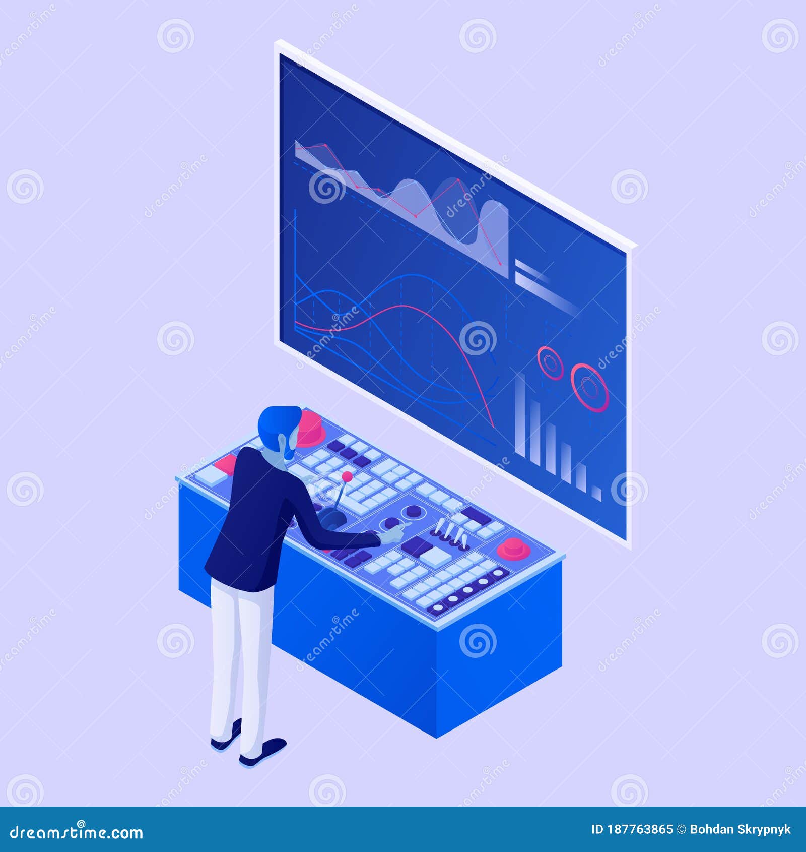 Character Conducts Web Analytics Isometric Concept. Man With Control ...