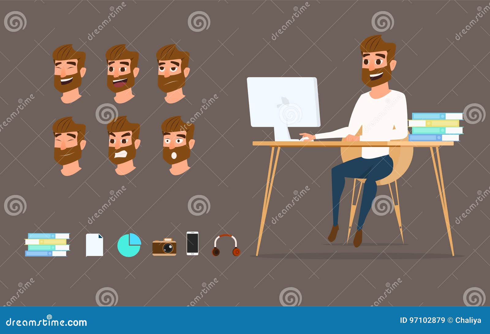 Character Design. Businessman Working on Desktop Computer with ...