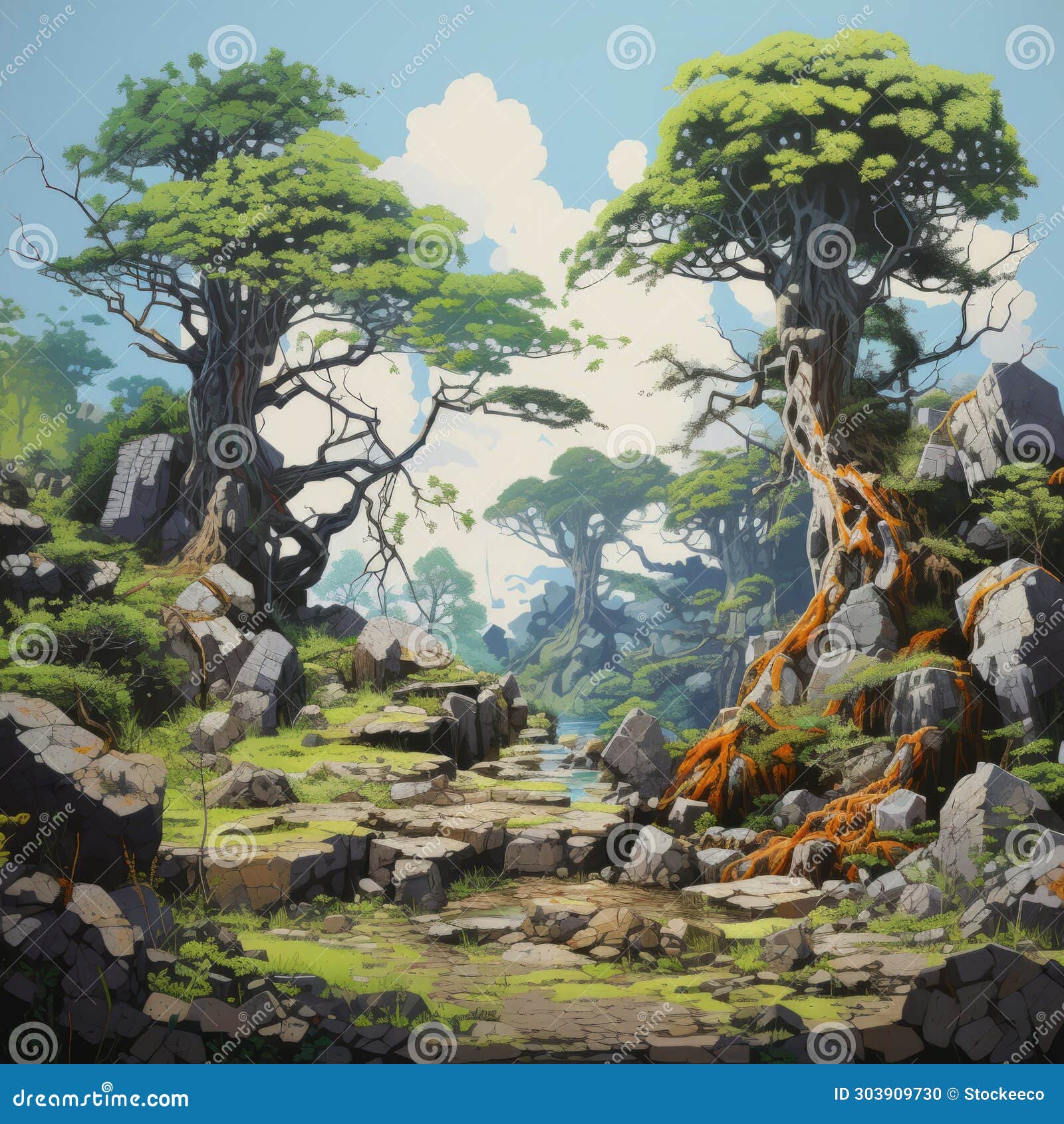 Mysterious Jungle Landscape with Trees and Rocks Stock Illustration ...