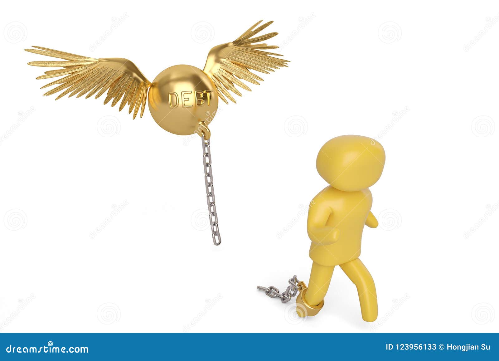 A Character and Flying Gold Debt Shackle.3D Illustration. Stock ...