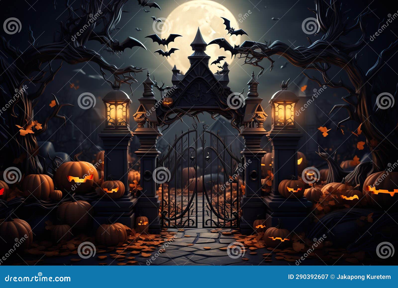 Character and Gate Halloween Theme. 3D Cute Style Stock Illustration ...