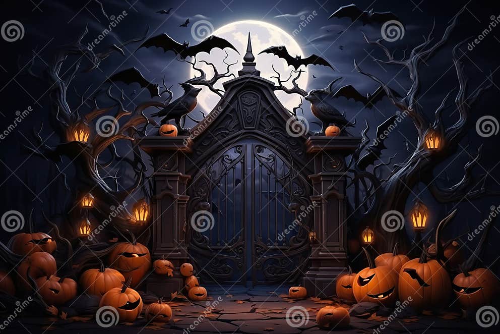 Character and Gate Halloween Theme. 3D Cute Style Stock Illustration ...