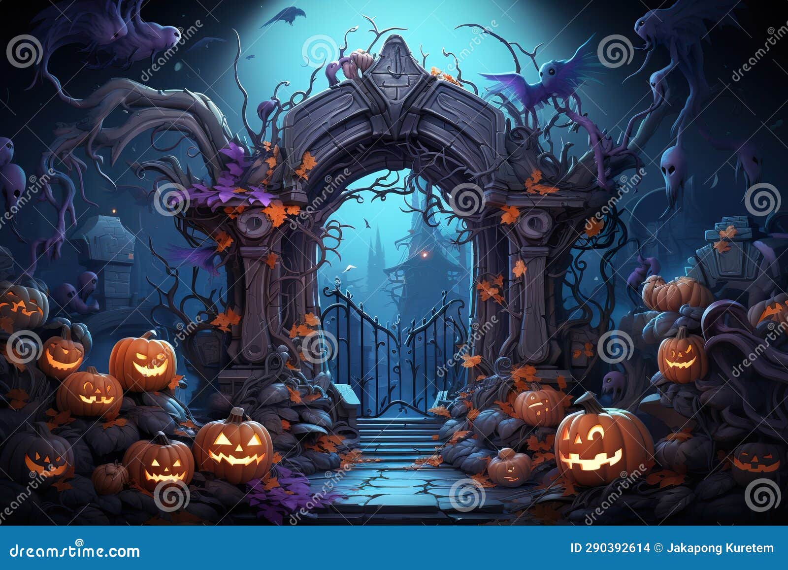 Character and Gate Halloween Theme. 3D Cute Style Stock Illustration ...