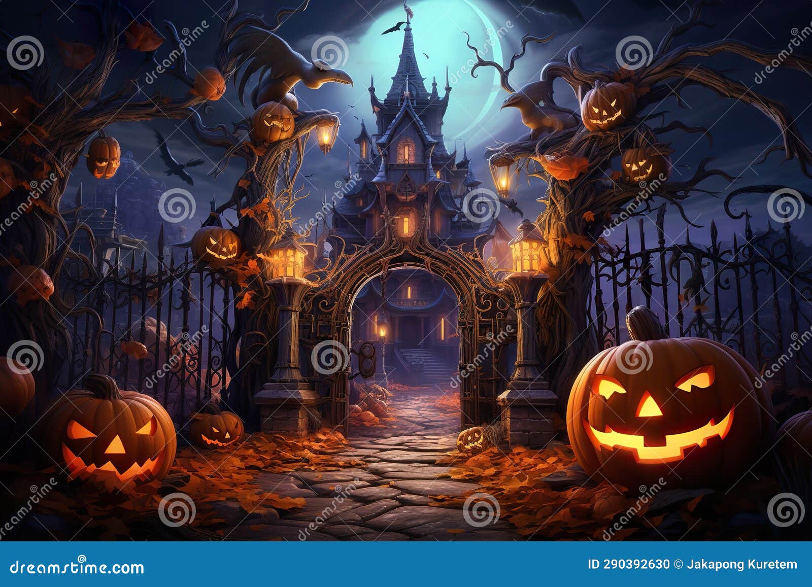 Character and Gate Halloween Theme. 3D Cute Style Stock Illustration ...