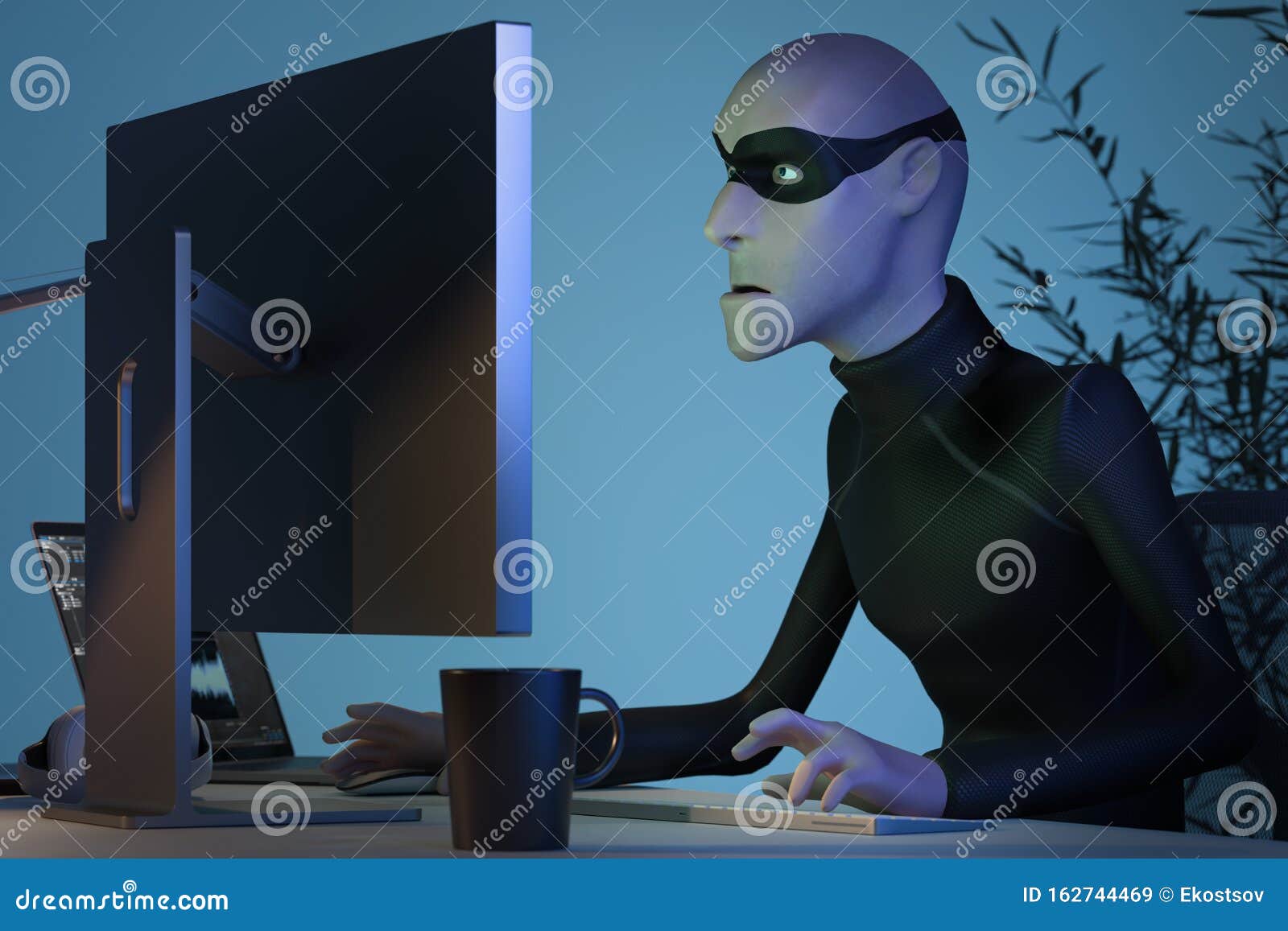 Character Hacker John Scammer In Mask Using Laptop Committing Theft ...