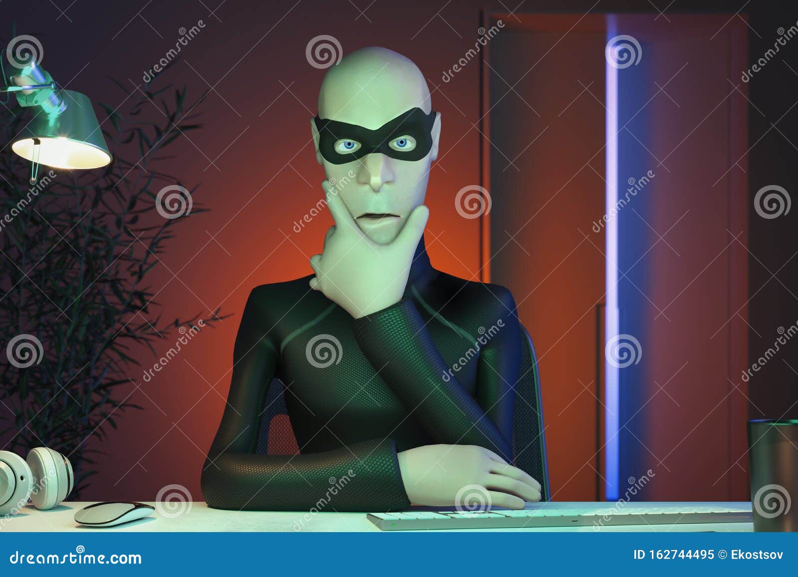 Character Hacker John Scammer In Mask Using Laptop Committing Theft ...