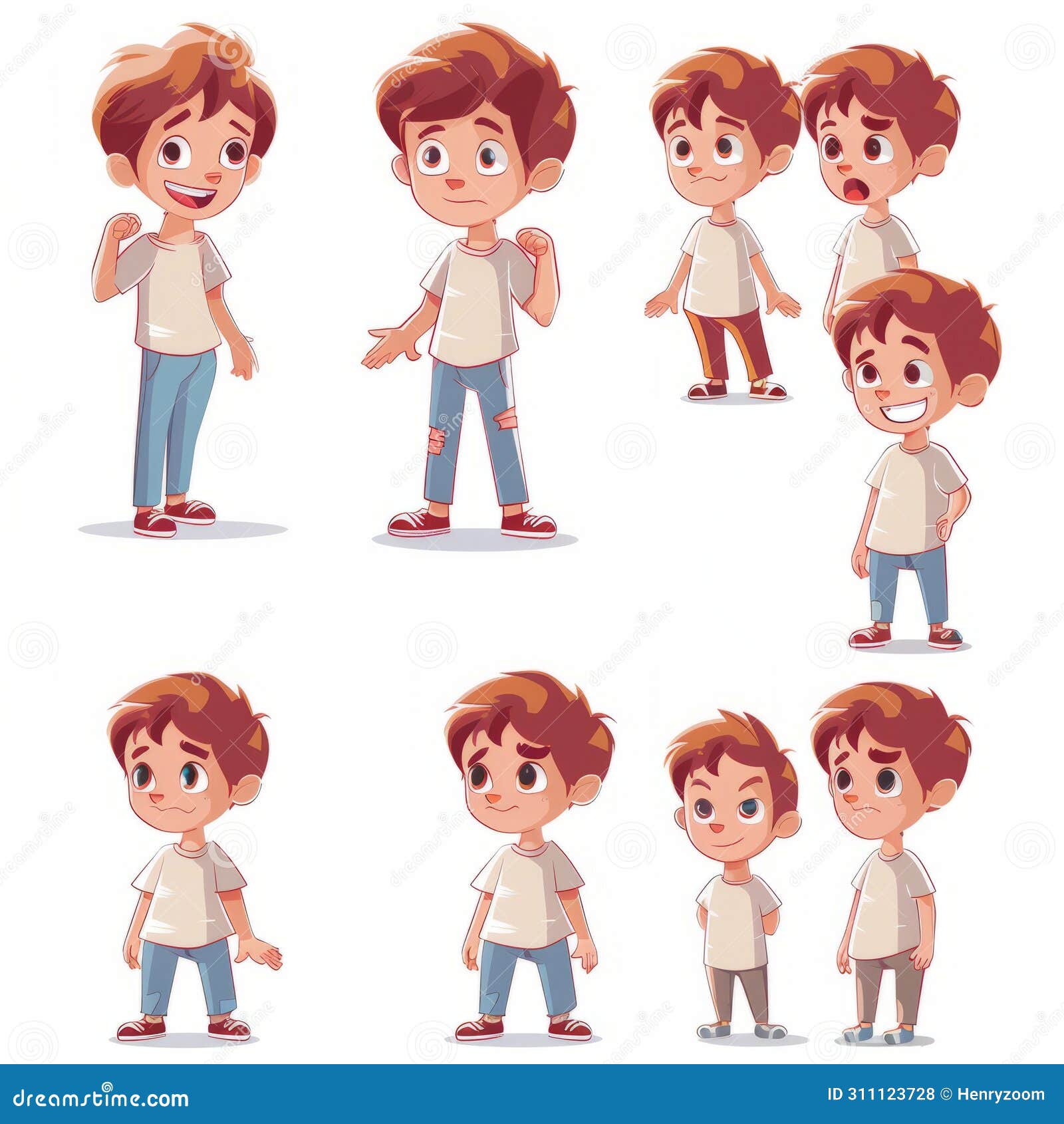 Character Illustration of a Young Boy in Different Poses on a White ...
