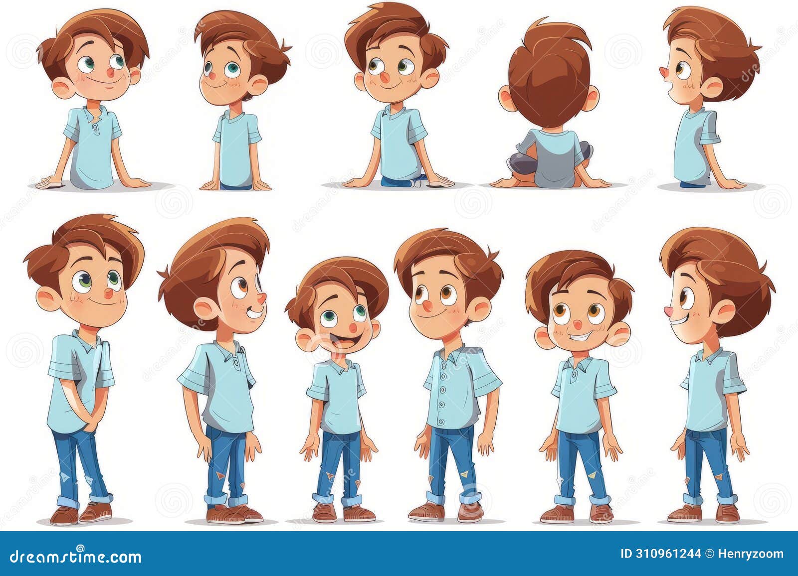Character Illustration of a Young Boy in Different Poses on a White ...