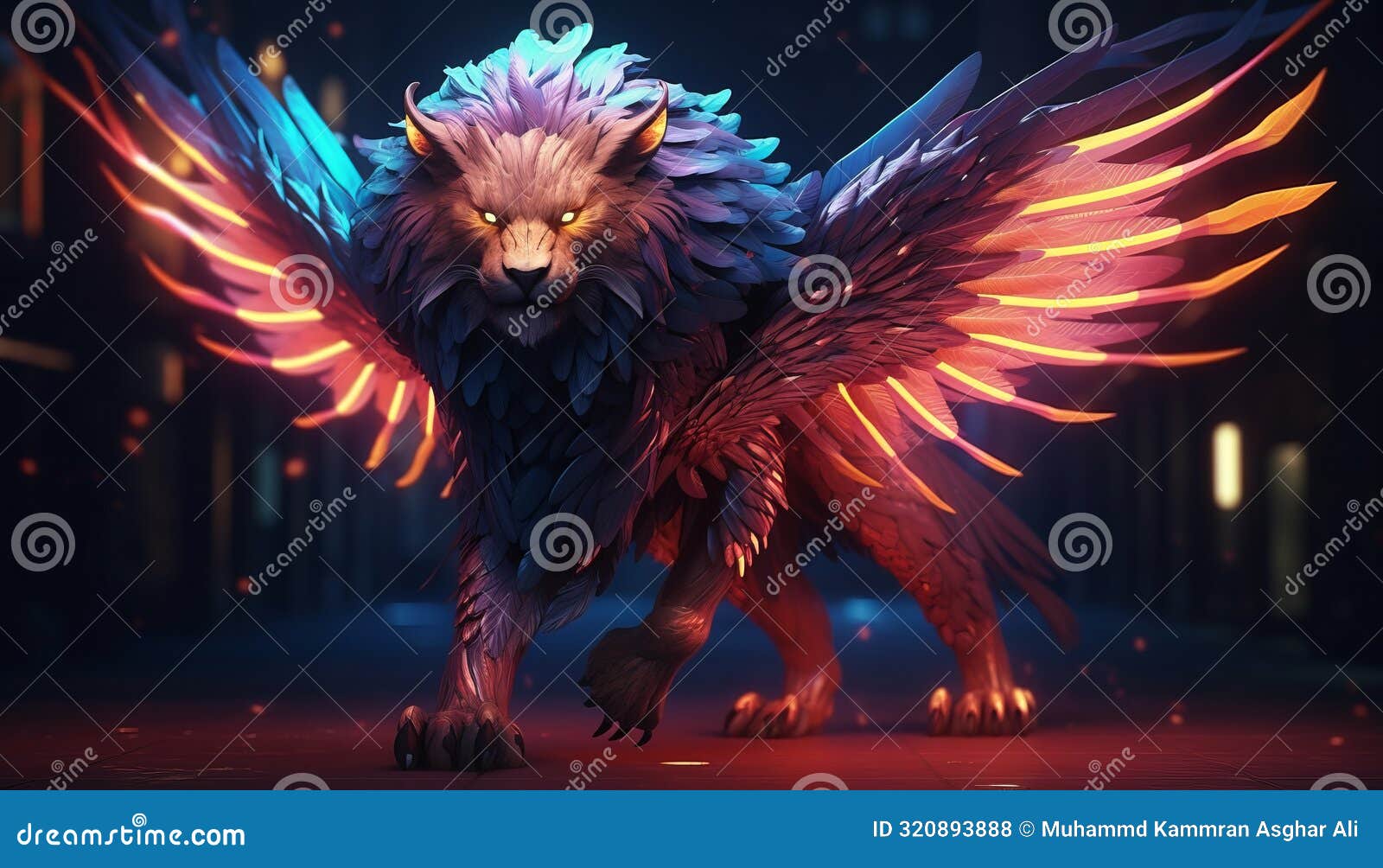 Character Illustrations Lion with Wing and Neon Light Generative AI ...