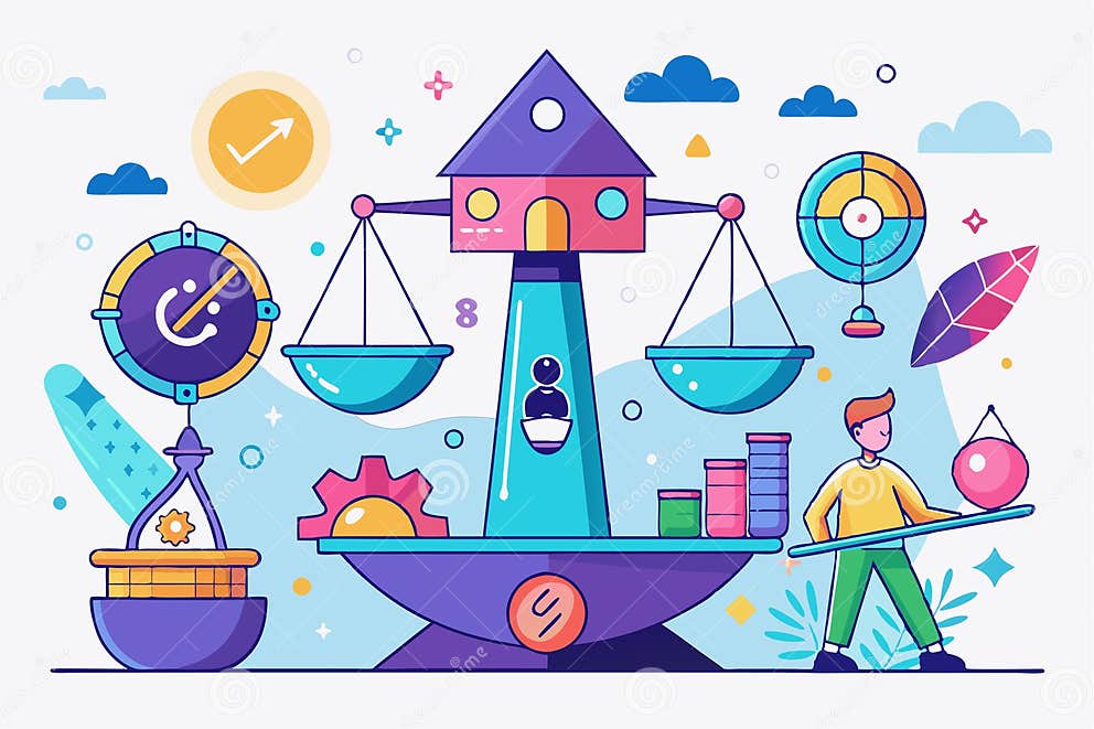 A Character Interacts with a Whimsical Scale, Balancing Different ...