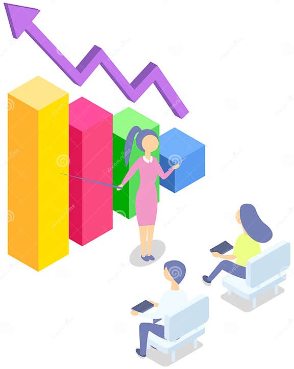 Character with Pointer Shows Statistical Graph. Colleagues Looking at ...