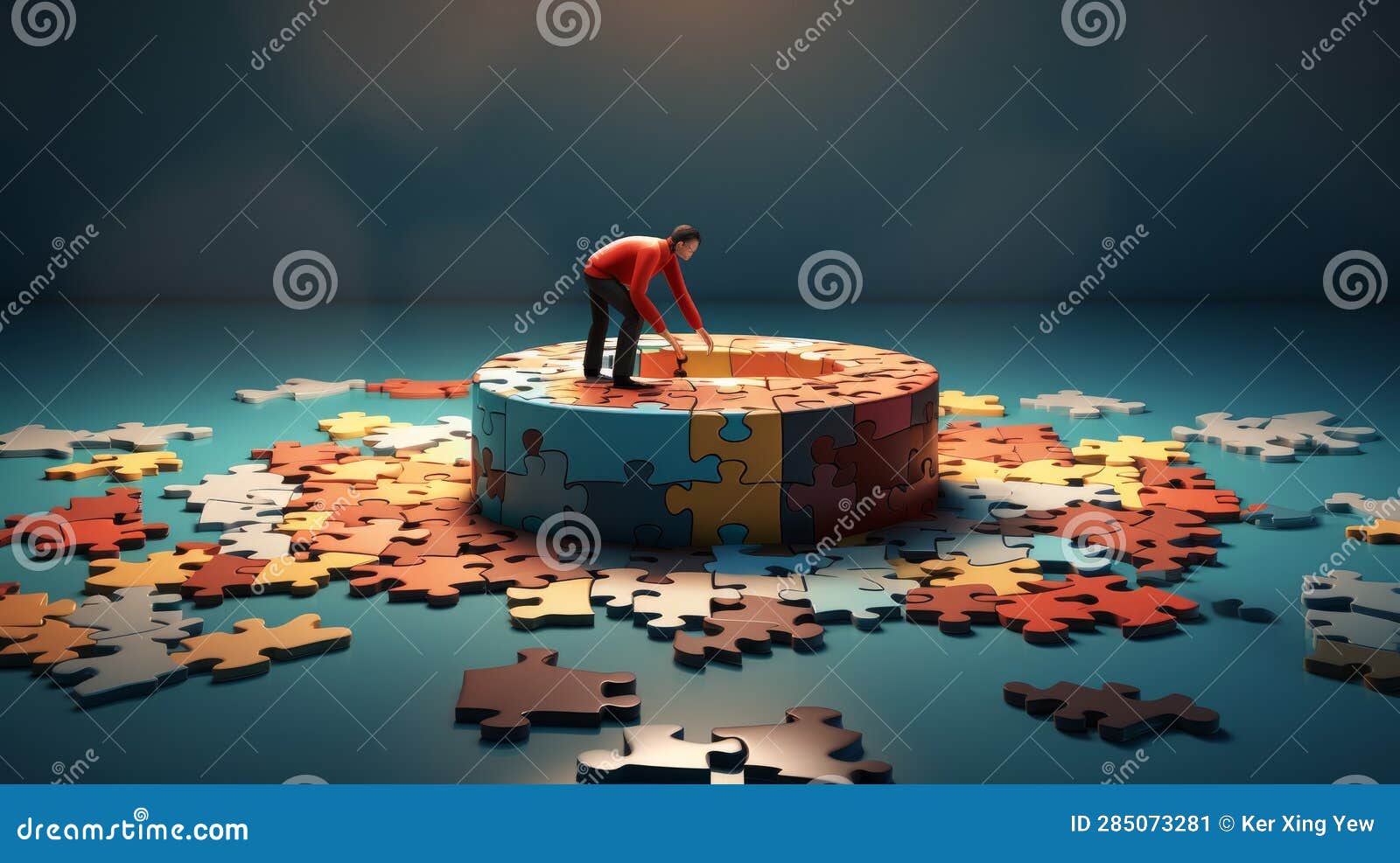 Character with a Puzzle Piece Fitting into a Larger Puzzle Stock ...
