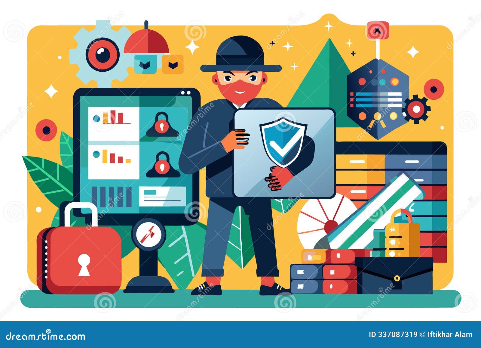 A Character Wearing a Disguise Holds a Shield, Surrounded by Elements ...