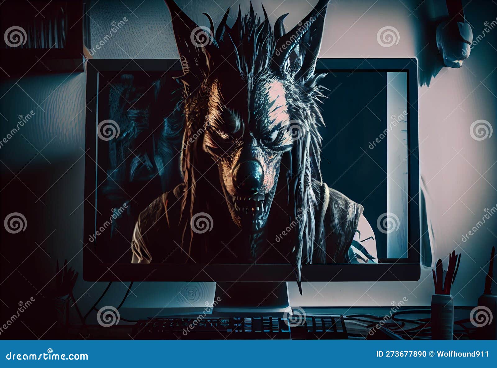 Wolf Head Behind a Computer Screen To Symbolize a Predator. Generate Ai ...