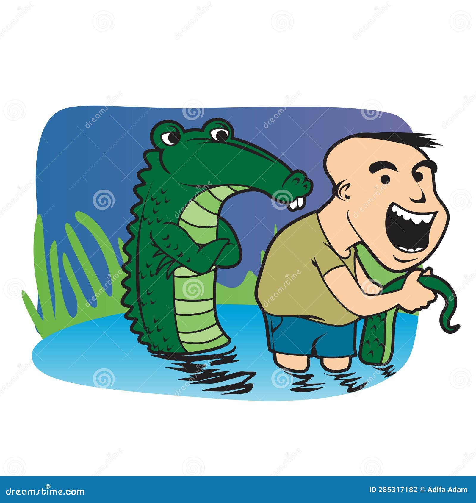 Funny Characters - Man & Crocodile in the Swamp. Amusing Animal Cartoon ...