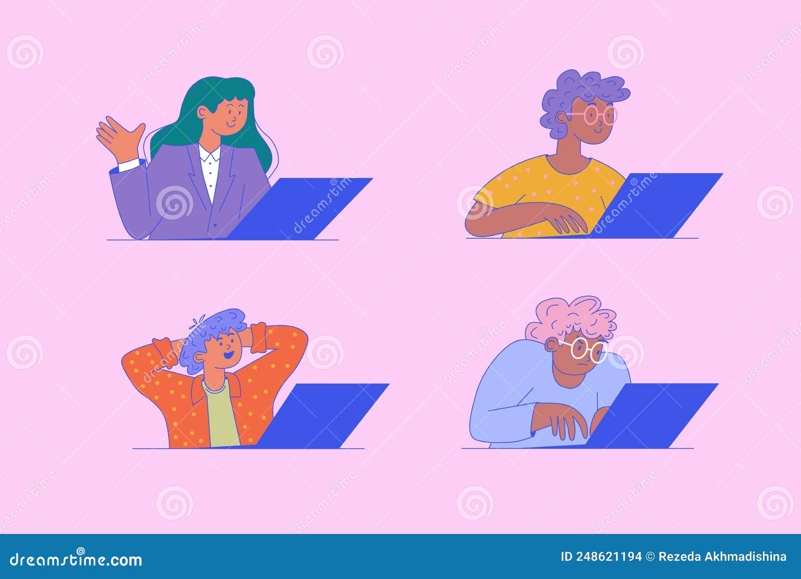 Characters Behind a Laptop with Different Emotions Stock Vector ...