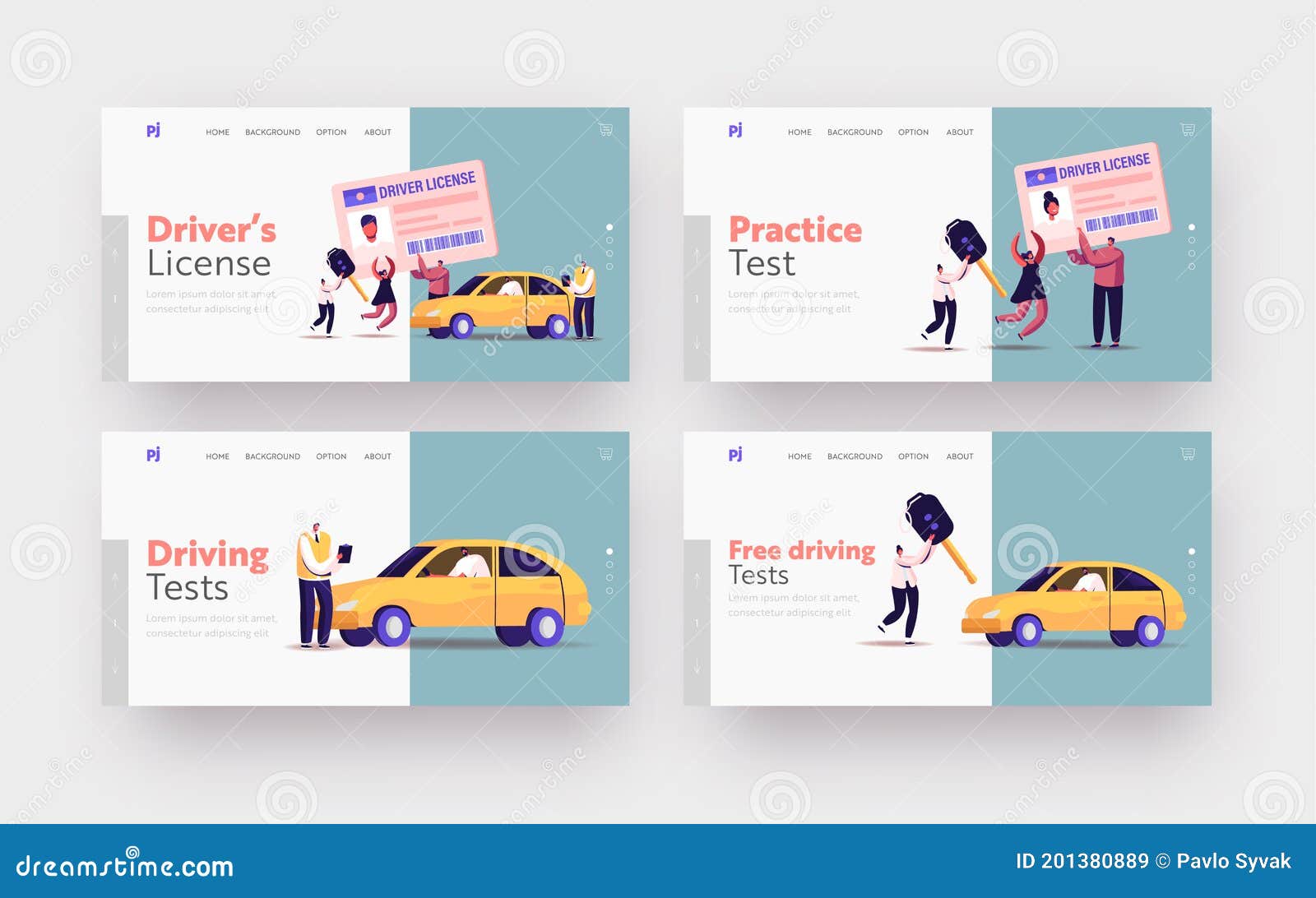 Characters Get Driver License Landing Page Template Set. Tiny Men Women ...