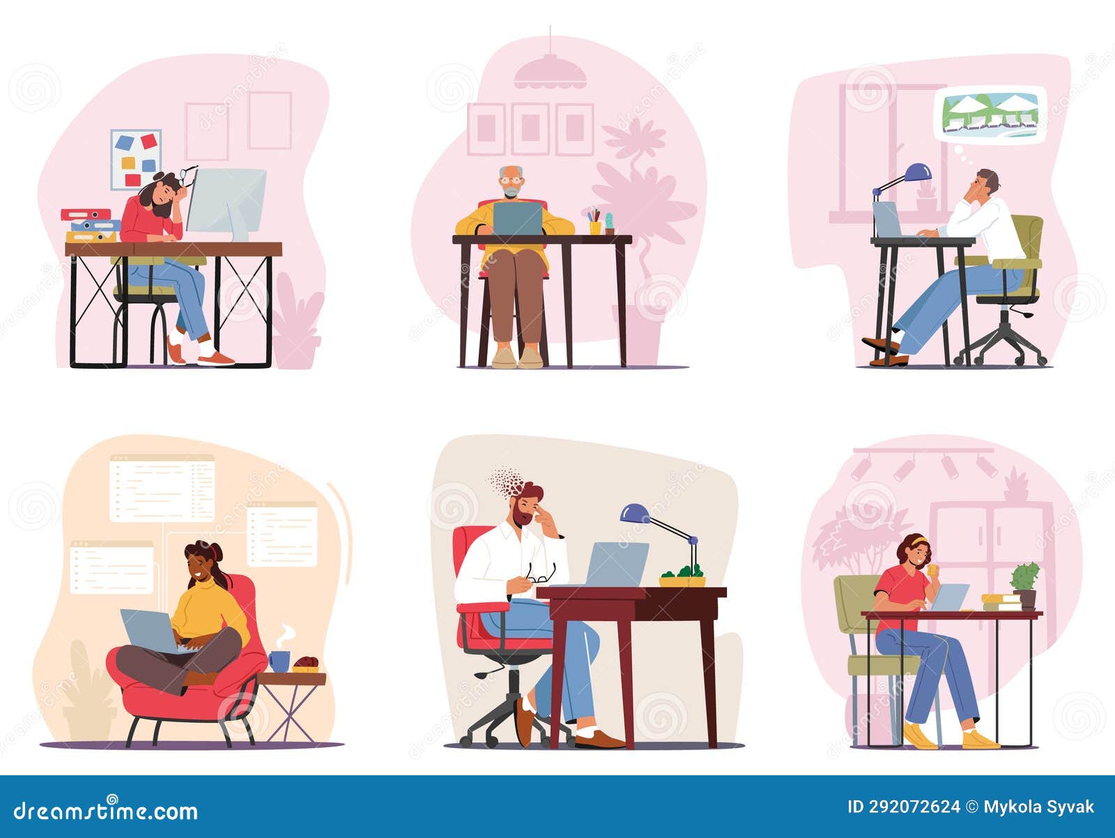 Characters with Laptops and Desktop Computers, Engrossed in Work or ...