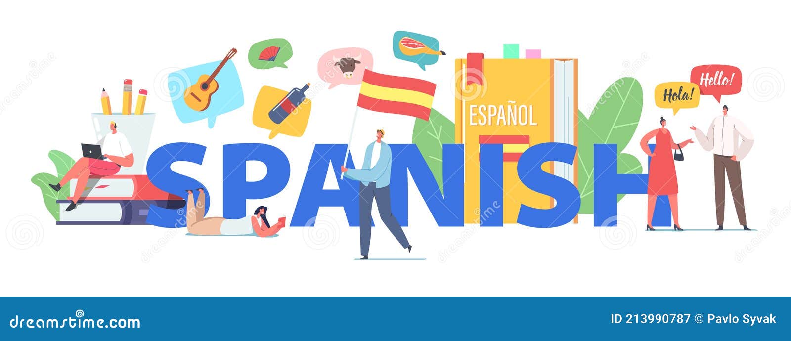 Characters Learn Spanish Language Course Concept. Tiny People at Huge ...