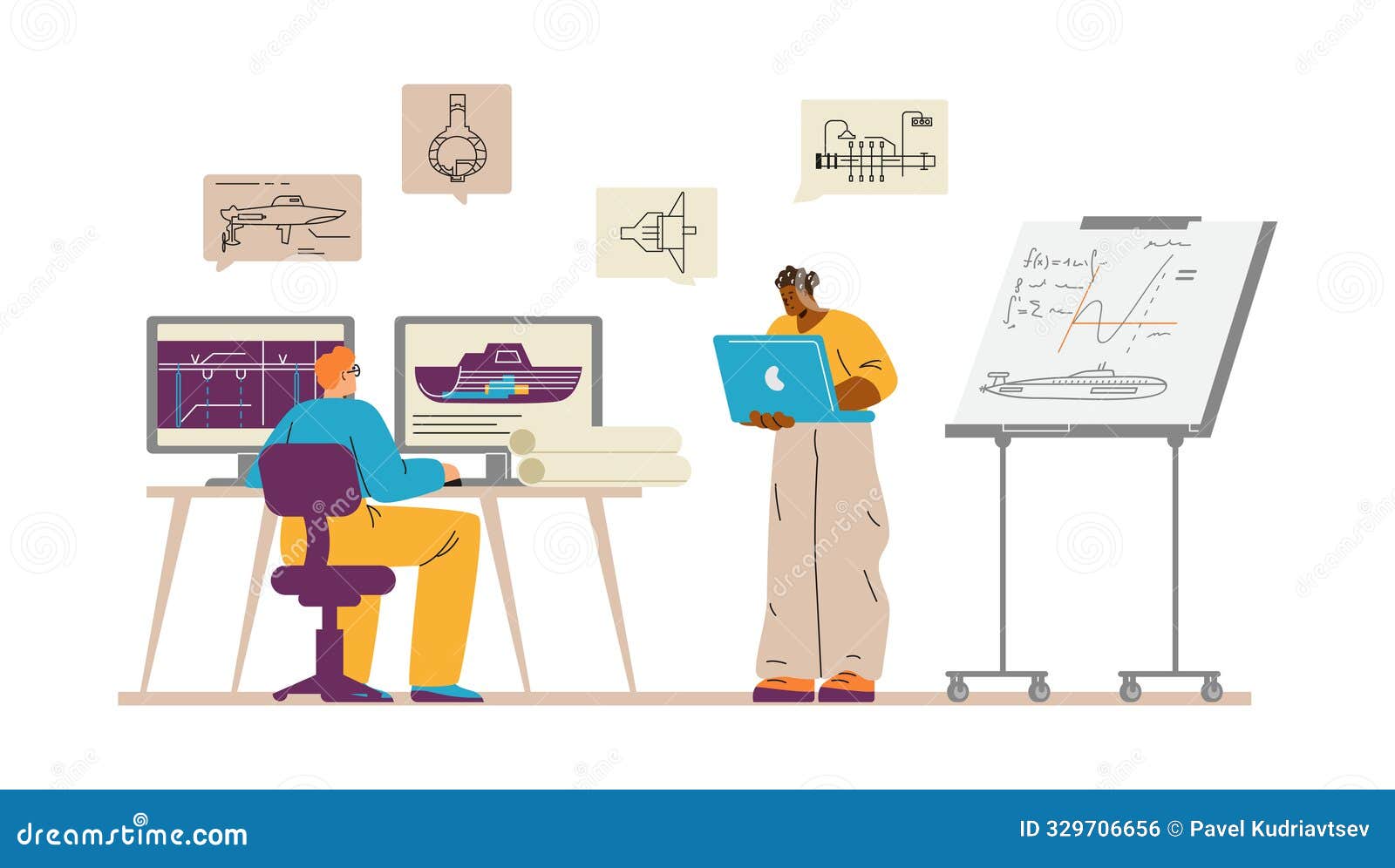 Shipbuilding Engineers Who Create Sea Vessels. Flat Style. Cartoon ...