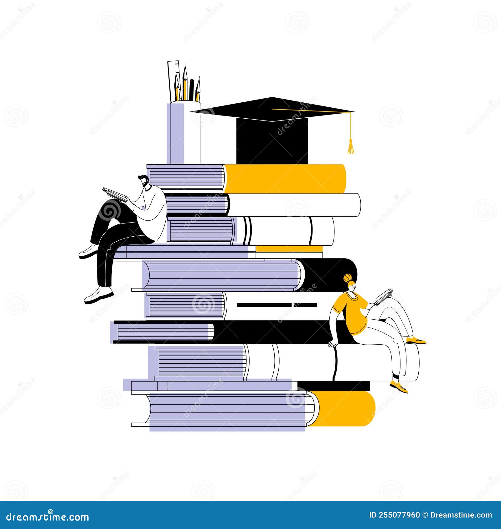 The Characters are Sitting on a Giant Stack of Books and Reading. Stock ...