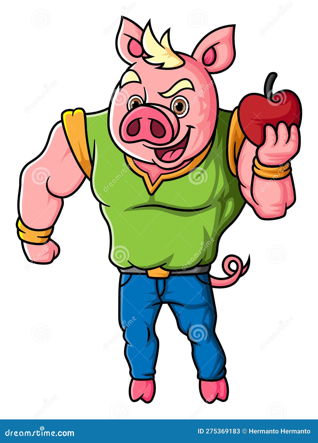 Characters a Strong Pig Holding an Apple Stock Vector - Illustration of ...
