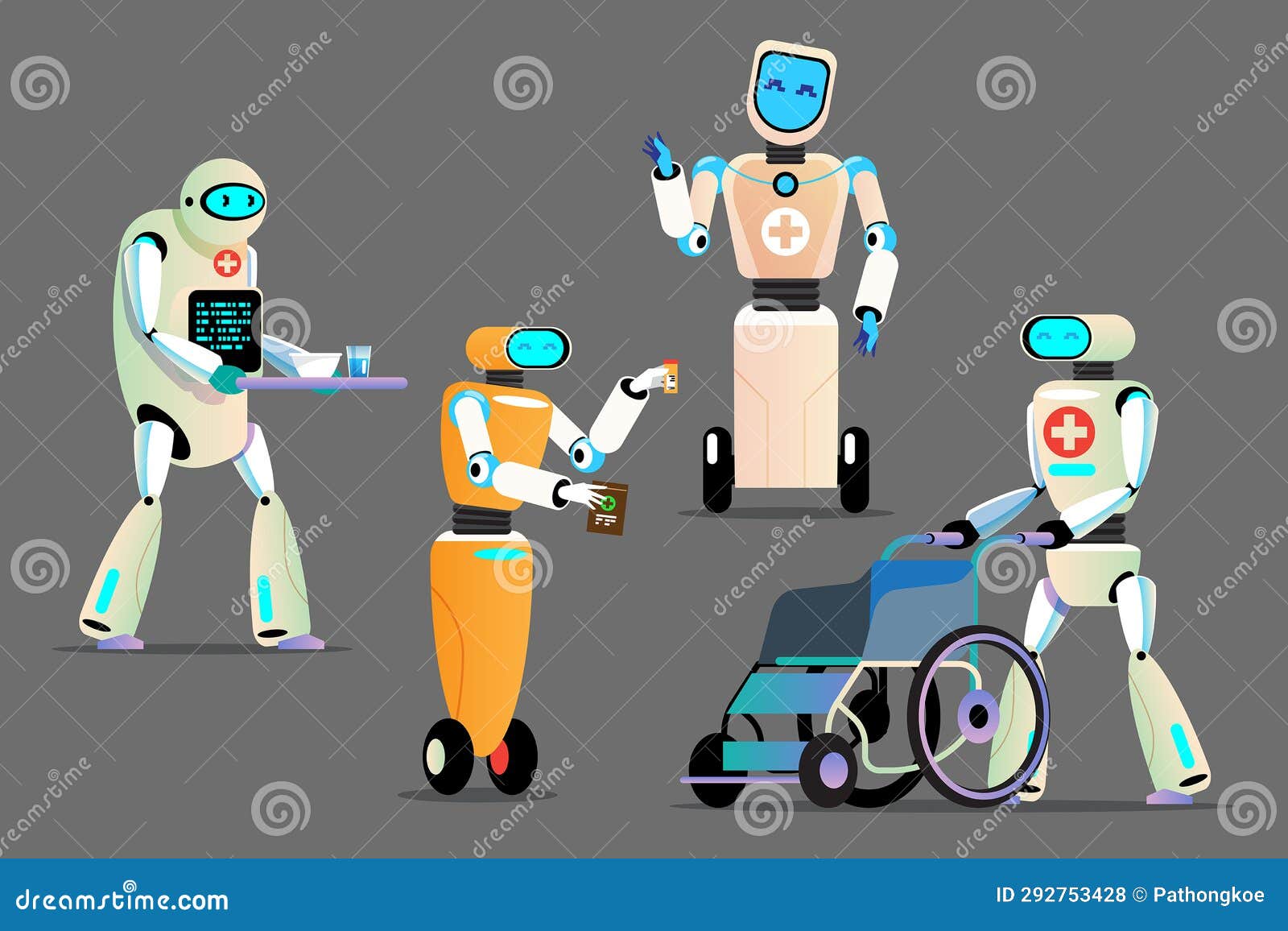 Robot And Wheelchair. Cyborg Helper Helps A Disabled Person On A ...