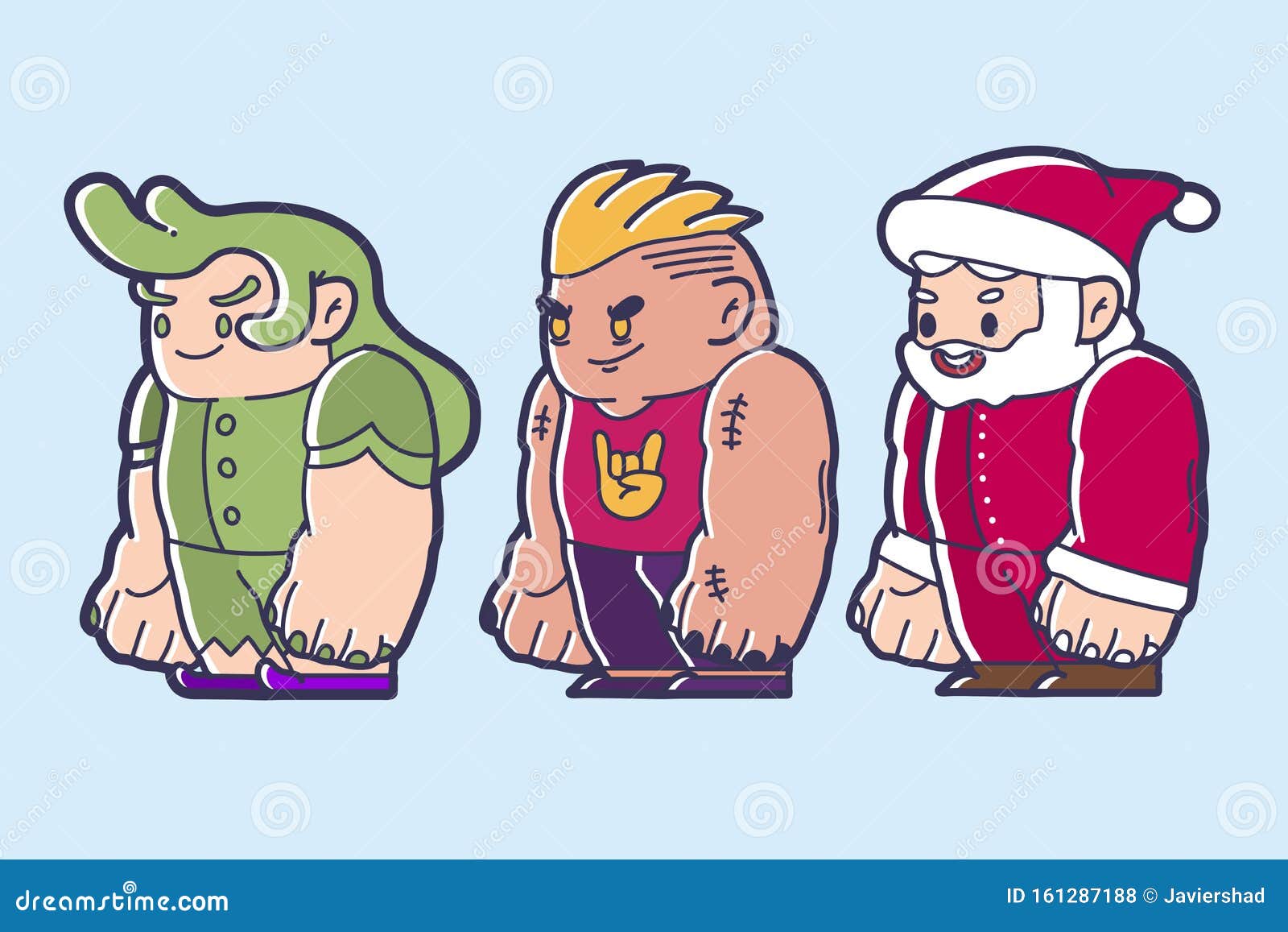 Cute Cartoon Character Design of a Fairy, Mohawk Man and Santa Claus ...