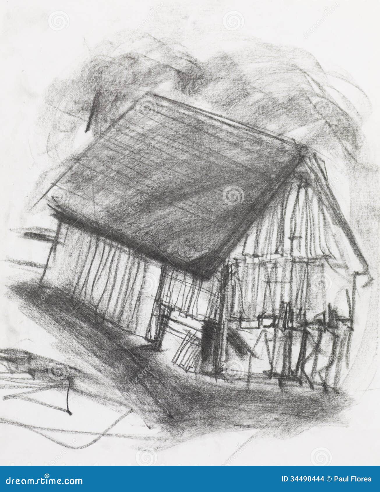 Charcoal Sketch of an Old Barn Stock Illustration - Illustration of ...