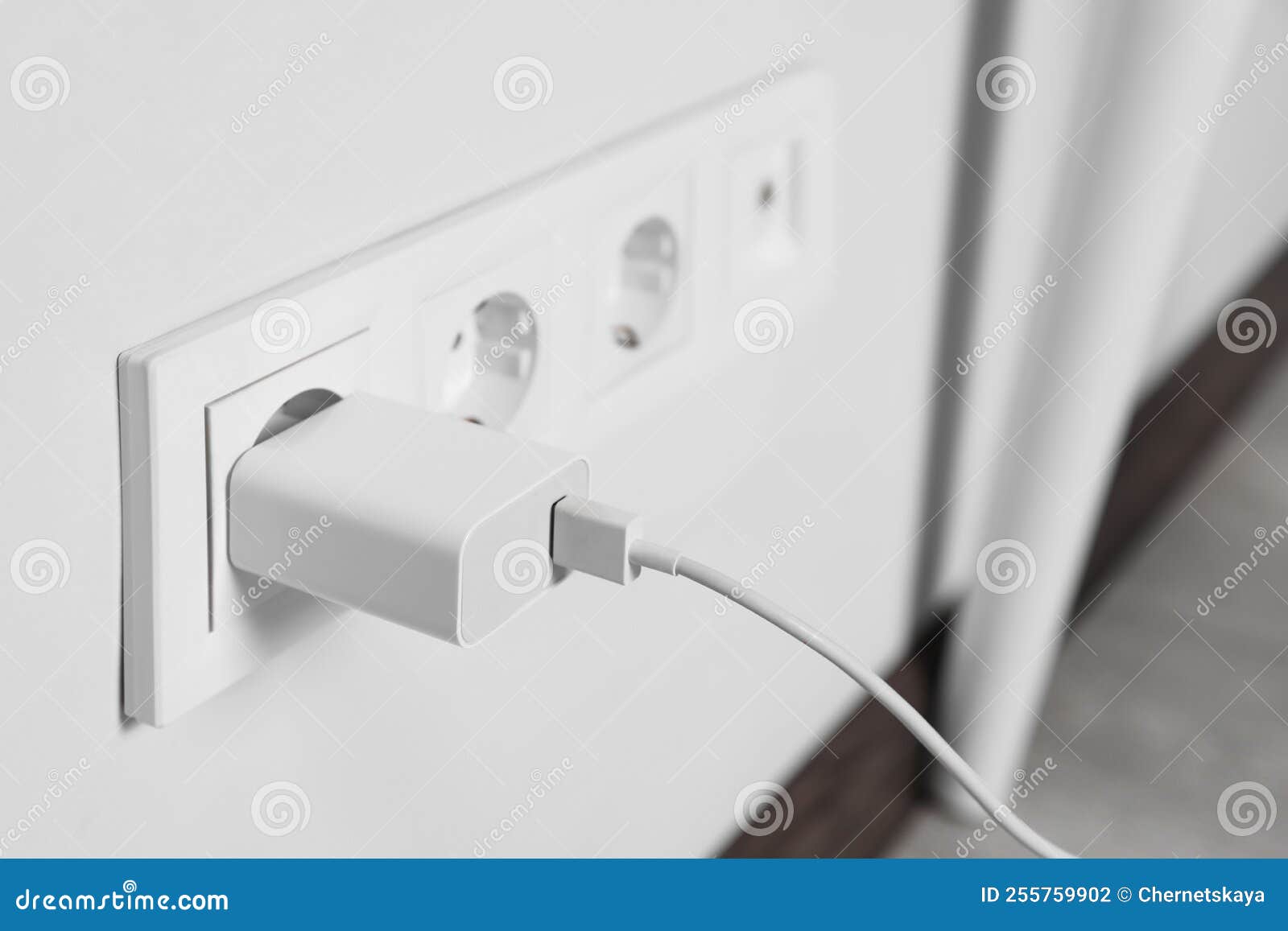 Charger Adapter Plugged in Power Socket Indoors, Closeup. Space for ...