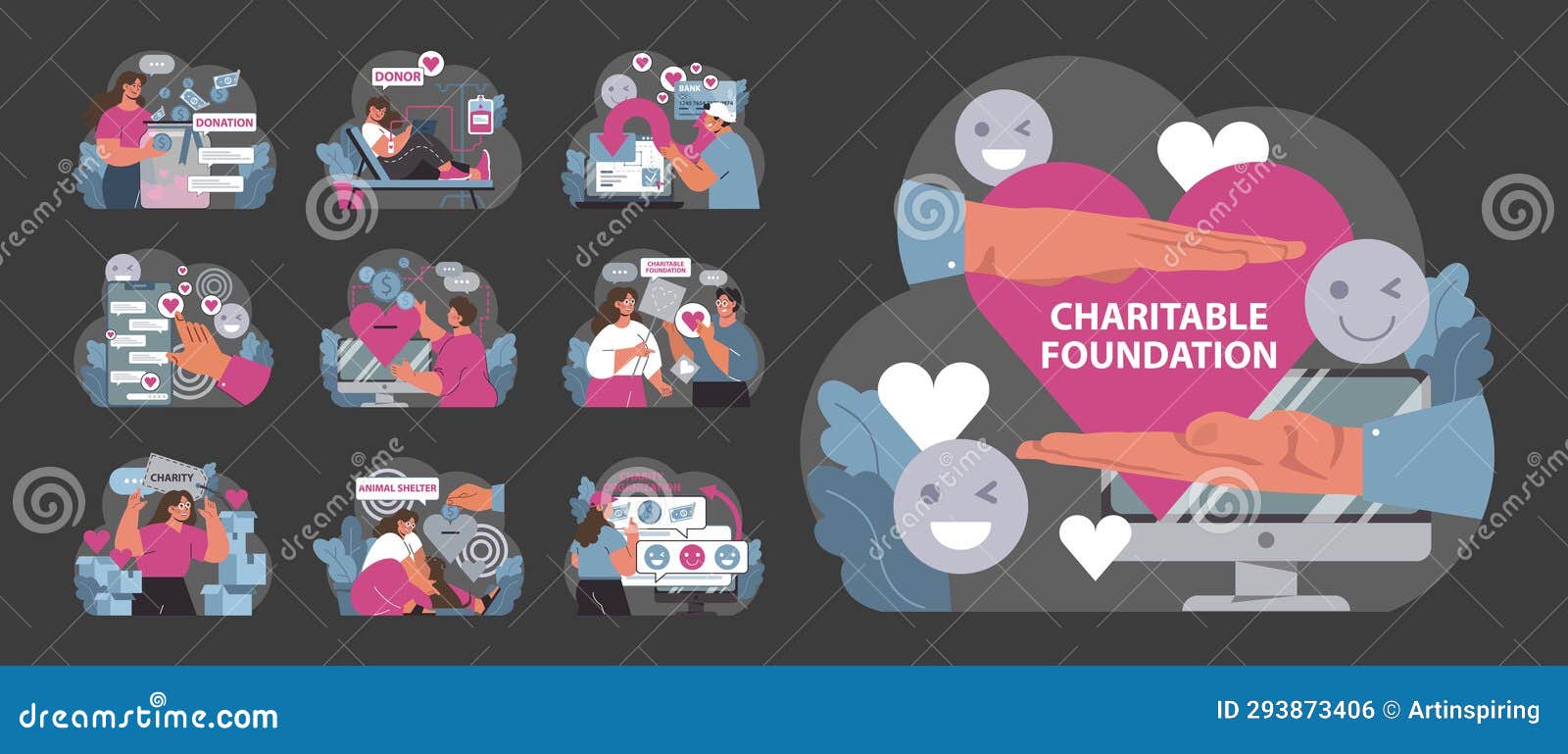 Charity and Charitable Foundation Night Mode or Dark Mode Set. Help for ...