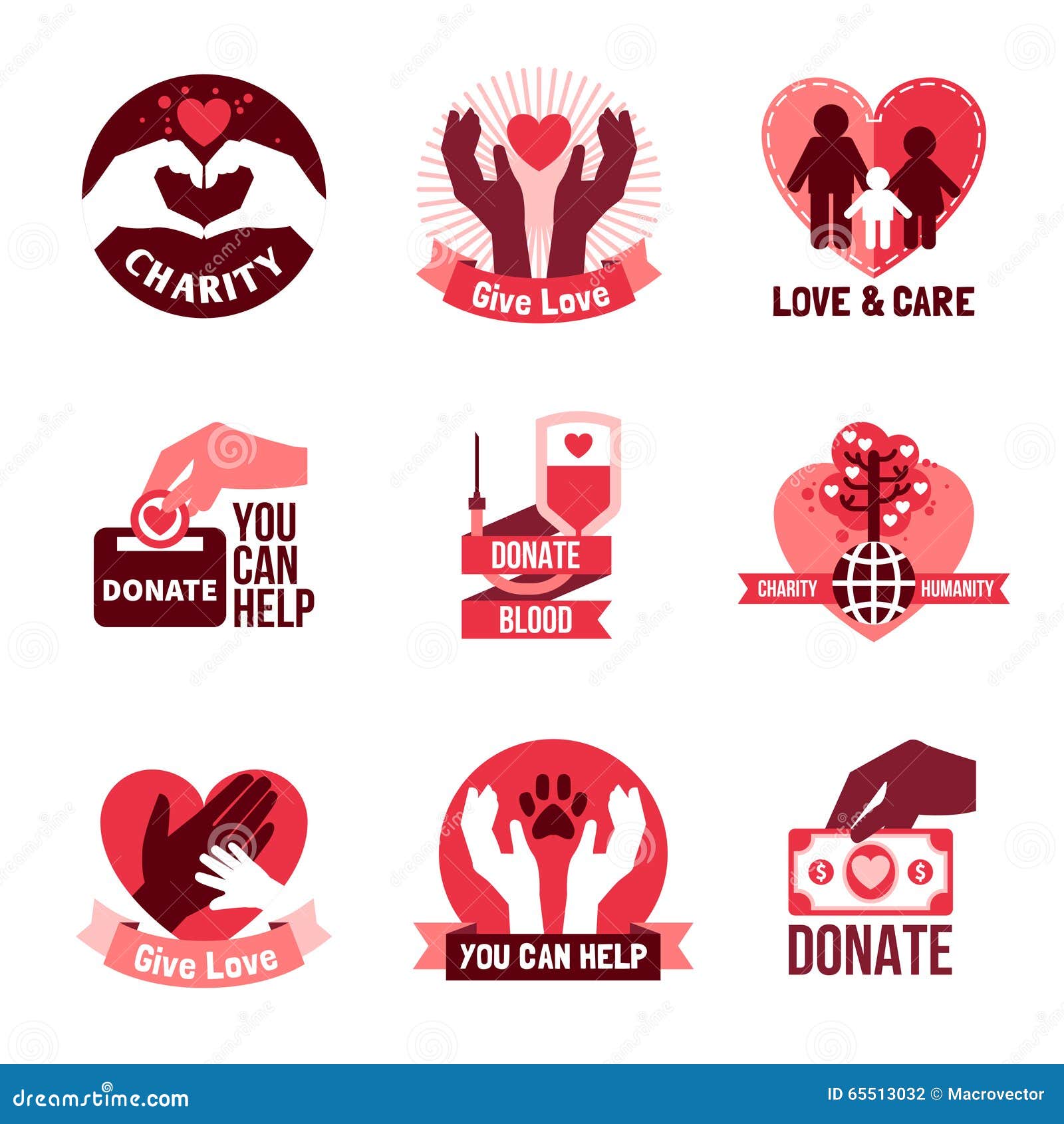 Charity Logo Emblems Set stock vector. Illustration of hand - 65513032