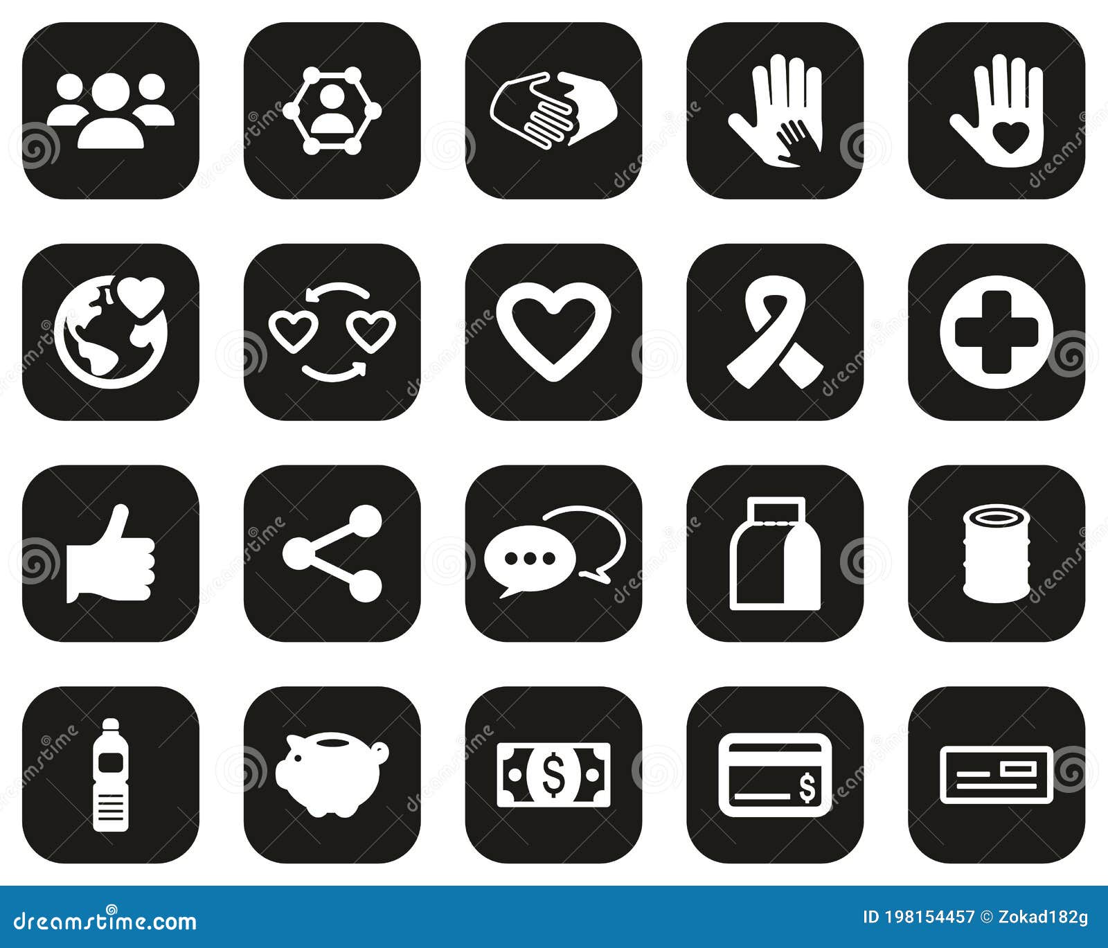 Charity or Charity Work Icons White on Black Flat Design Set Big Stock ...