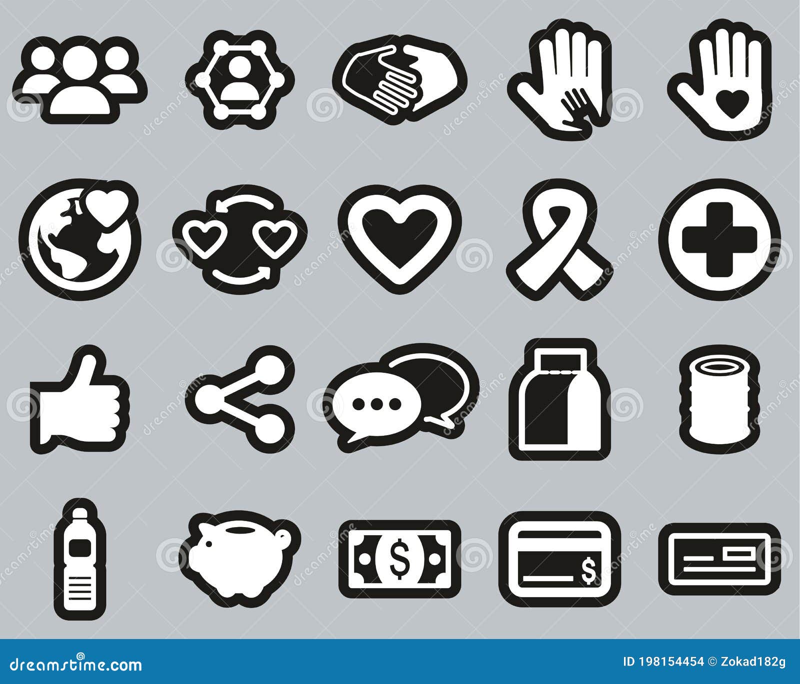 Charity or Charity Work Icons White on Black Sticker Set Big Stock ...